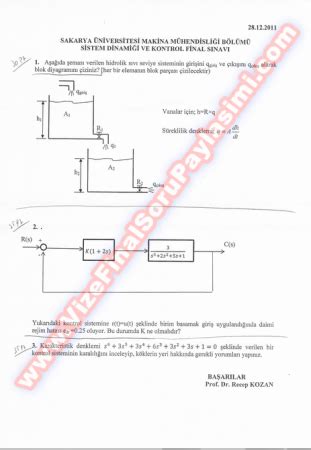 Sistem Dinamiği ve Kontrol Dersi Final Çalışma Soruları 1 Vize ve