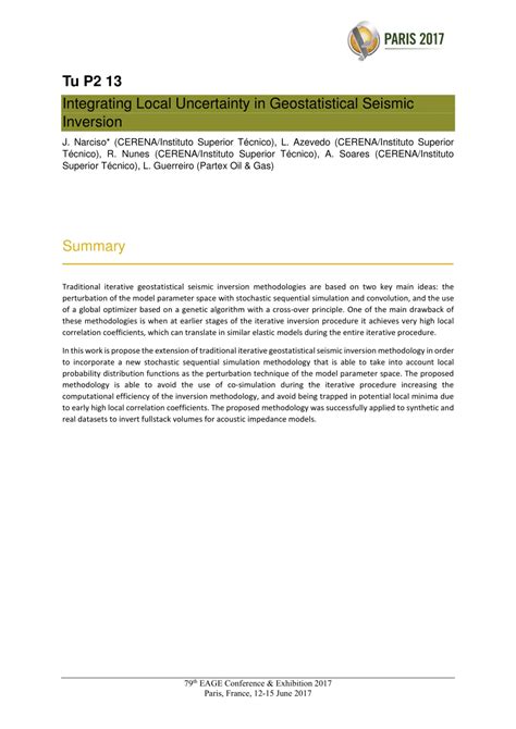 Pdf Integrating Local Uncertainty In Geostatistical Seismic Inversion