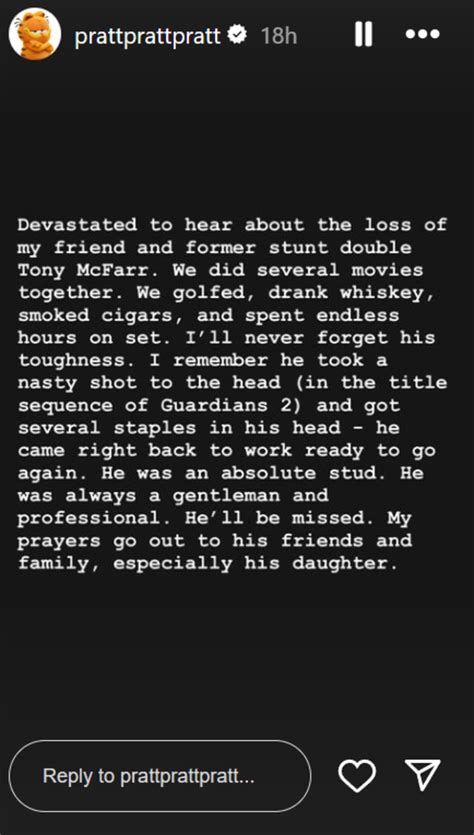 Chris Pratt Mourns Death Of Stunt Double Antonio Tony Mcfarr Calls Late Friend An Absolute