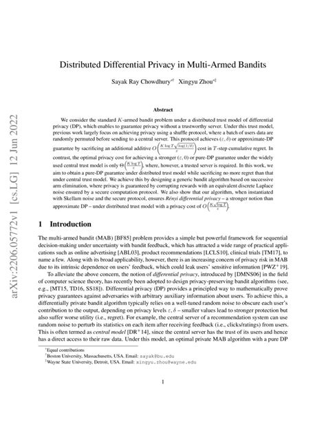 Distributed Differential Privacy In Multi Armed Bandits Deepai
