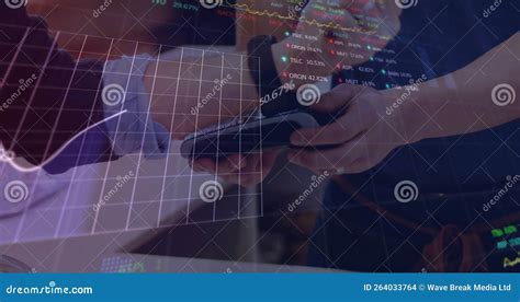 Image Of Data Processing With Graph Over Diverse People Paying With