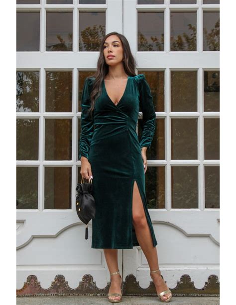 Vestido Midi De Terciopelo Verde Botella Para Invitada De Boda