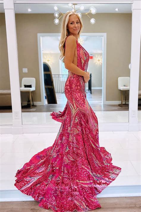 Fuchsia Sequin Lace V Neck Mermaid Long Prom Dresses Vk23120503
