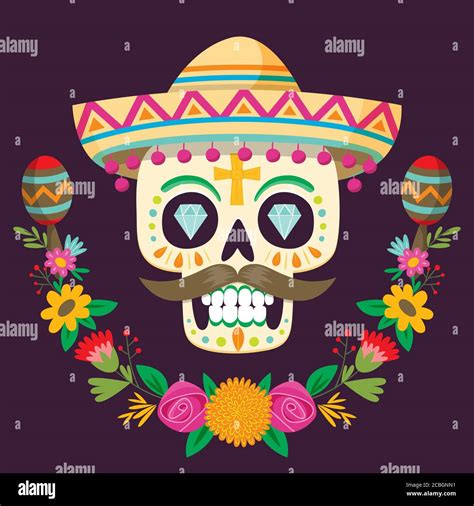 Plakat Dia de los Muertos Tag der Toten Mexikanischer Zuckerschädel mit Hut Blumen und