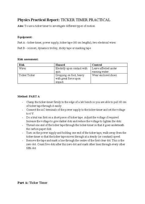 Ticker Timer Practical Report Physics Practical Report Ticker Timer