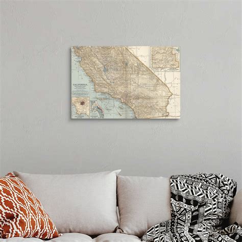 California Southern Part Vintage Map Wall Art Canvas Prints Framed