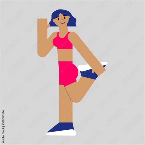Quad Stretch Standing Pose Flat Sporty Woman In Neon Sportwear Doing