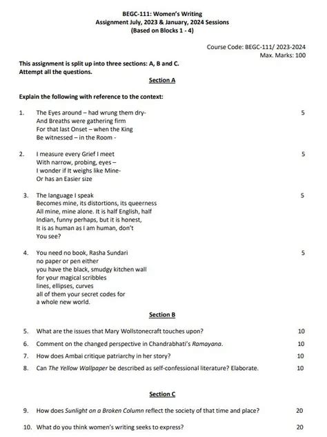 BEGC 111 Womens Writing Solved Assignment 2023 2024 Free SOLVED