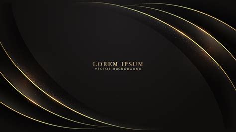 황금 선 곡선 요소와 반짝이는 효과 장식이 있는 검은색 고급 배경 프리미엄 벡터