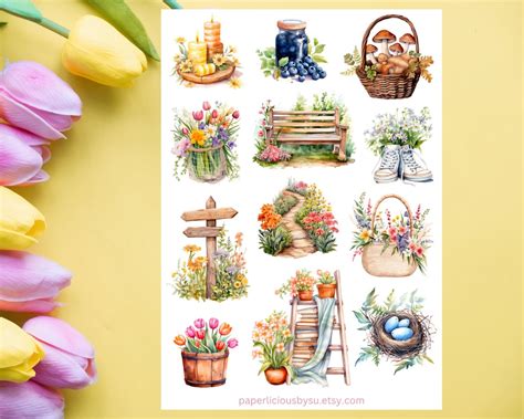 Floral Spring Garden Sticker Sheet Spring Stickers Floral Stickers