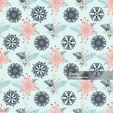 파스텔 벡터 겨울 크리스마스 단풍 장식품과 눈송이 원활한 패턴입니다 우아한 복고풍 낙서 스타일 휴가 시즌 인쇄 배경 디자인입니다 0명에 대한 스톡 벡터 아트 및 기타 이미지