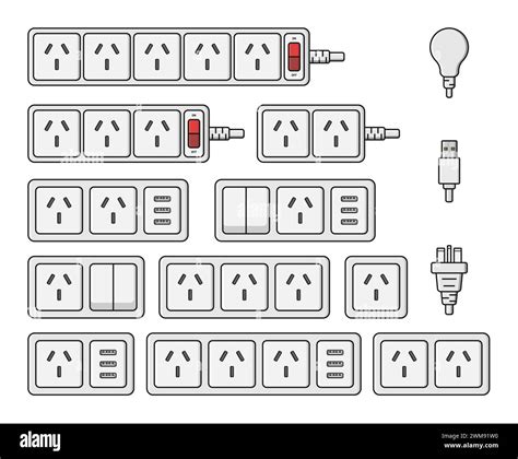 Power Outlet Plug Extension Stip Switch Chinese Type I Set Vector Flat