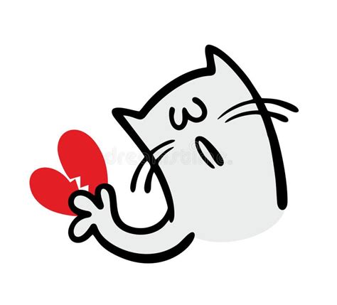 Very Sad Kitten Holds A Broken Heart In His Hand Vector Illustration