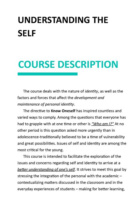 Course Outline Understanding THE SELF UNDERSTANDING THE SELF COURSE