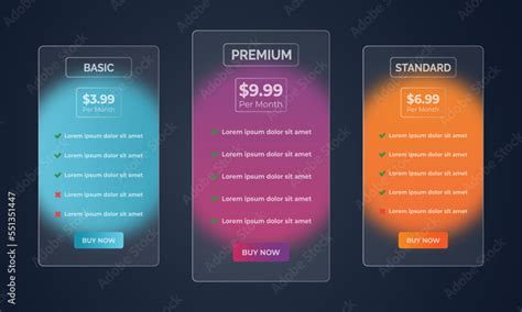 Modern Glass Morphism Web Pricing Table Comparison Infographic Chart Ui