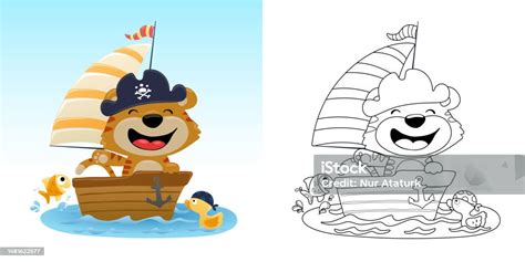 범선에 해적 모자를 쓴 만화 고양이의 벡터 삽화 물 위에서 물고기와 함께 오리를 잡는다 어린이를 위한 색칠하기 책 또는 페이지 0명에 대한 스톡 벡터 아트 및 기타 이미지