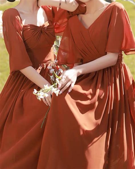Boho Chiffon Burnt Orange Bridesmaid Dresses With Sleeves Lisposa