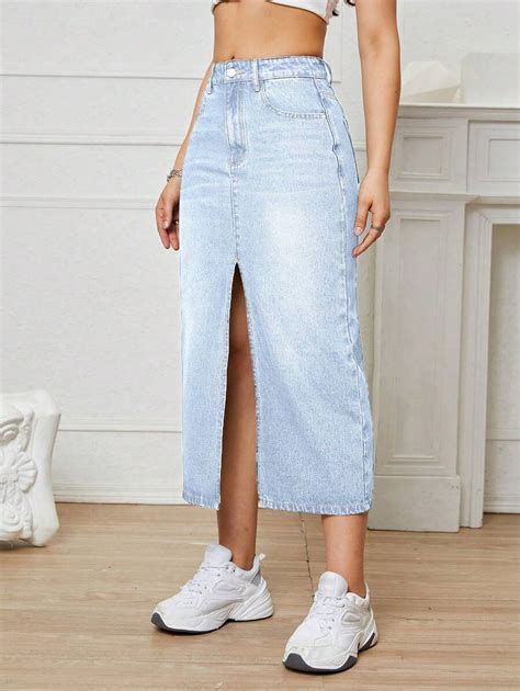 High Waist Split Thigh Denim Skirt SHEIN USA