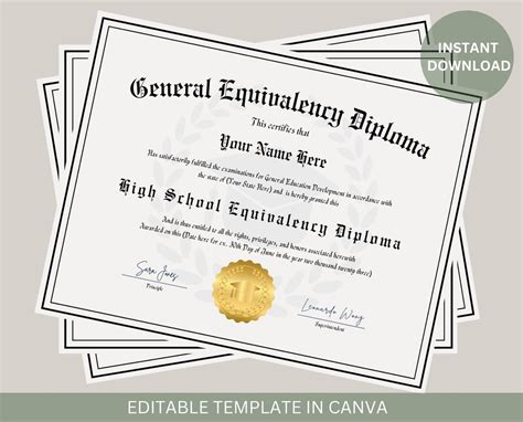 Editable Ged Diploma With Gold Seal Editable Graduation Certificate
