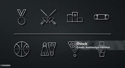 세트 라인 메달 스케이트 보드 트릭 랙 삼각형의 당구 공 수영 용 고무 오리발 펜싱 심장 박동 속도를 보여주는 스마트 시계 및 스포츠 우승자 연단 아이콘에 대한 상 벡터