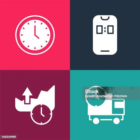 팝 아트 배달 트럭 및 시간 주식 시장 성장 그래프 알람 시계 앱 모바일 및 시계 아이콘을 설정합니다 벡터 0명에 대한 스톡 벡터 아트 및 기타 이미지 Istock