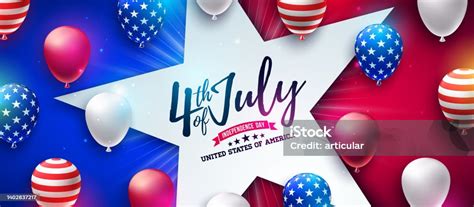 7 월 4 일 미국 독립 기념일 벡터 일러스트 레이 션과 미국 국기 패턴 파티 풍선과 파란색과 빨간색 배경에 별 모양 7 월 넷째 국가 축하 디자인 배너 인사말 카드 초대장