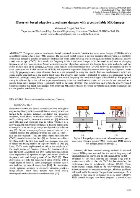 Pdf Observer Based Adaptive Tuned Mass Damper With A Controllable Mr Damper
