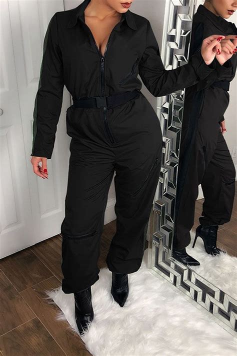 Lovely Stylish Zipper Design Black One Piece Jumpsuit Casual Black