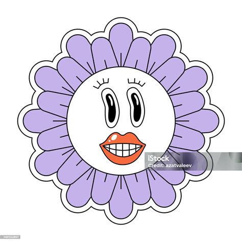 히피 카모마일 캐릭터와 좋은 분위기 꽃 머리와 눈을 가진 복고풍 데이지 마스코트 보호 빈티지 만화 스타일 식물 트렌디한 Y2y 대중 문화 꽃 디자인 격리된 벡터 요소