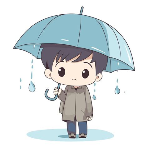 Menino Guarda Chuva E Chuva Estilo De Desenho Animado Bonito