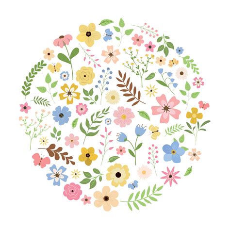 Vector Flower Round Frame Floral Card With Colorful Flowers Leaves And Butterflies Cute
