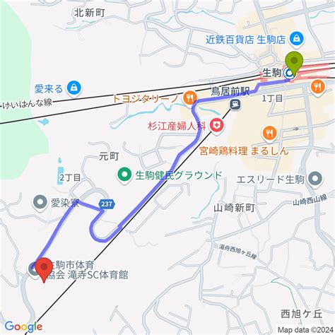 生駒駅から生駒市体育協会滝寺sc体育館へのルートマップ Mdata