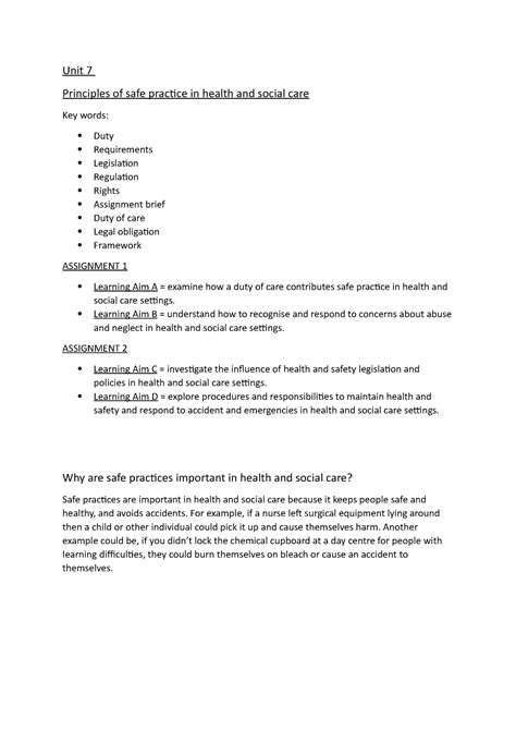 Unit 7 Principles Of Safe Practice In Health And Social Care Unit 7