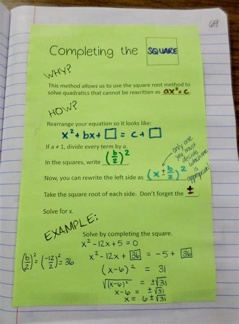 Math Love Completing The Square Interactive Notebook Page