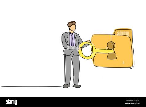 Single Continuous Line Drawing Businessman Putting Big Key Into Folder
