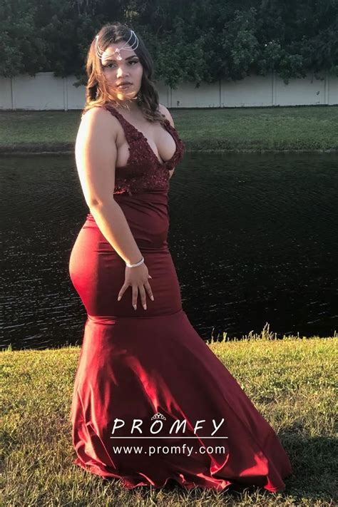 Burgundy Lace And Satin Floor Length Mermaid Plus Size Prom Dress