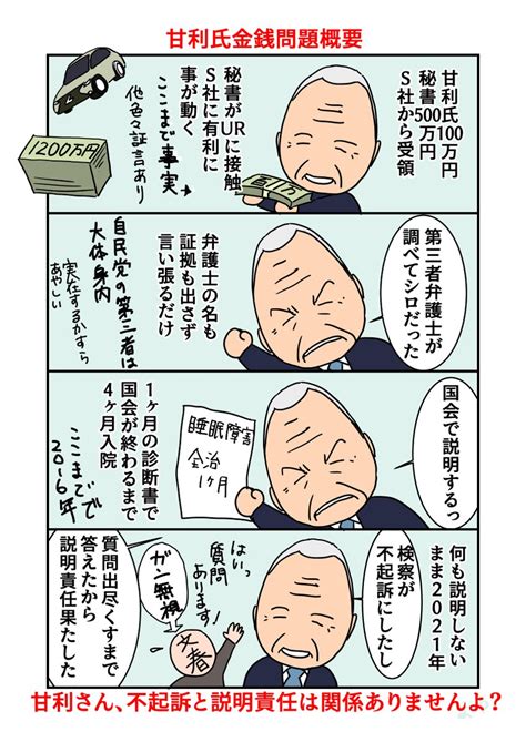 「甘利氏金銭問題あっせん疑惑をざっとまとめておきます。時間もたったしごちゃごちゃしてるし。 甘利さんはとにかくまず説明し」ゆきほ🦅の漫画