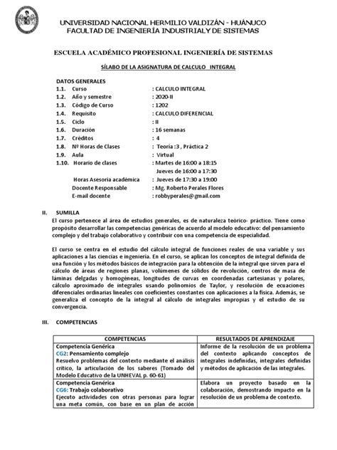 Modelo De Sílabo 2020 Calculo Integral Terminado 2020 10 15 Pdf