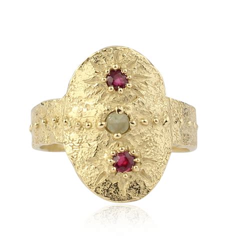 Ruby And Milky Diamond Rustic Shield Ring Tomfoolery London