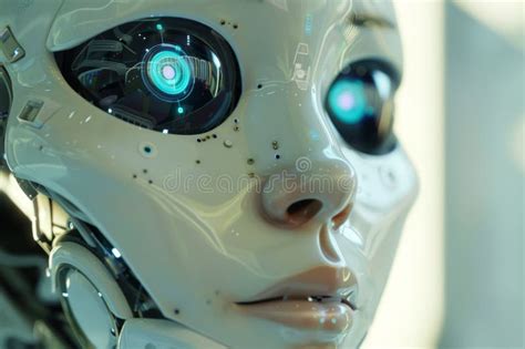 Close Up Of A Humanoid Robot S Face With Ai Facial Recognition Stock