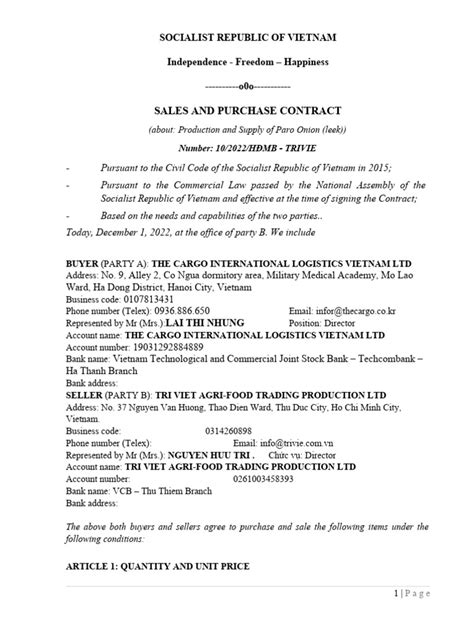 트라비의 대파 계약서 Download Free Pdf Vietnam Economies