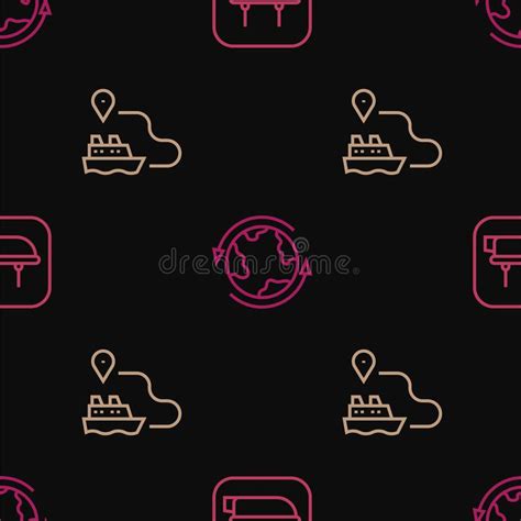 Set Line Lifeboat Ship Line Path And Worldwide On Seamless Pattern Vector Stock Vector