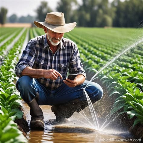 Farmer Using Irrigation System On Phone Stable Diffusion Online