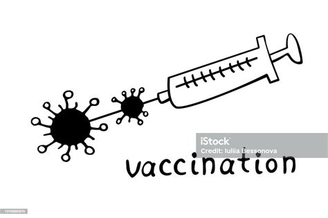 疫苗接種符號醫用注射器將疫苗注射到病毒的分子冠狀病毒中塗鴉風格的向量輪廓繪製向量圖形及更多2019冠狀病毒病圖片 2019冠狀病毒病