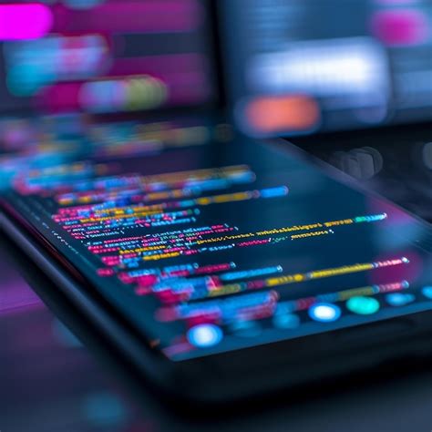 Premium Photo Mobile App Building With Colourful Html Code On Dark