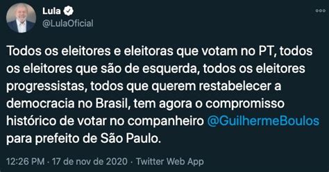 No Twitter Lula Pede Votos A Boulos Restabelecer A Democracia No Brasil GQ Noticias