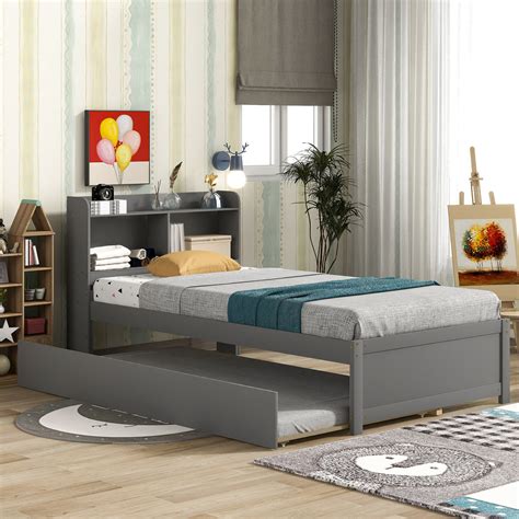 Twin Bed With Trundle Twin Bed Frame With Bookcase Headboard Wood Tw