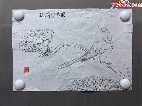 20135 刘宝莲工笔白描花鸟画疏荷沙鸟图尺寸约为34 23 花鸟国画原作 成都故纸7788收藏