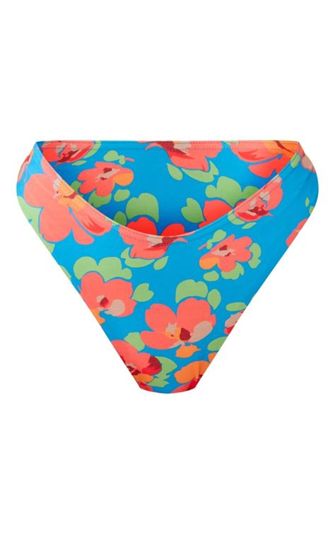 Blue Floral High Leg Thong Bikini Bottoms Prettylittlething Usa