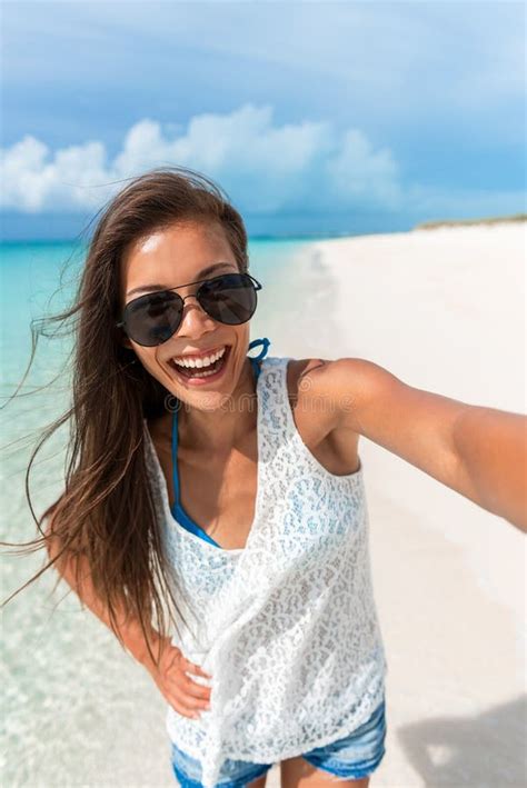 Beach Selfie And Portrait Of Women On Summer Vacation Or Trip Happy And Smile On Mockup